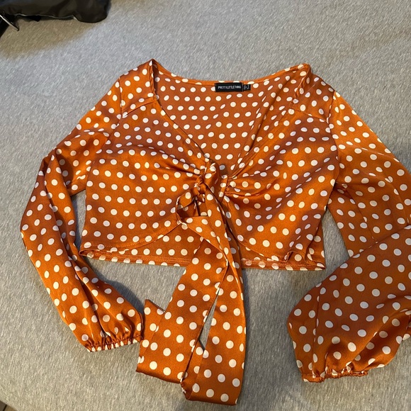 PrettyLittleThing | Tops | Prettylittlething Orange Polka Dot Tie Front ...
